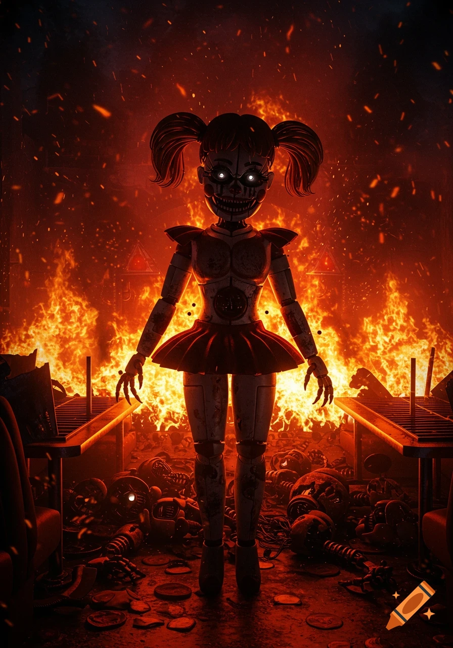 A creepy animatronic doll with glowing eyes stands in a fiery room ...