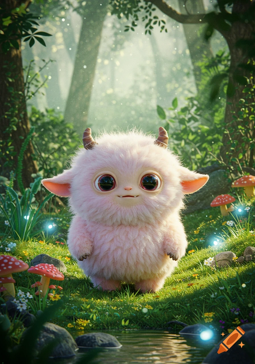 A cute, fluffy pink creature with big eyes and small horns stands in a ...