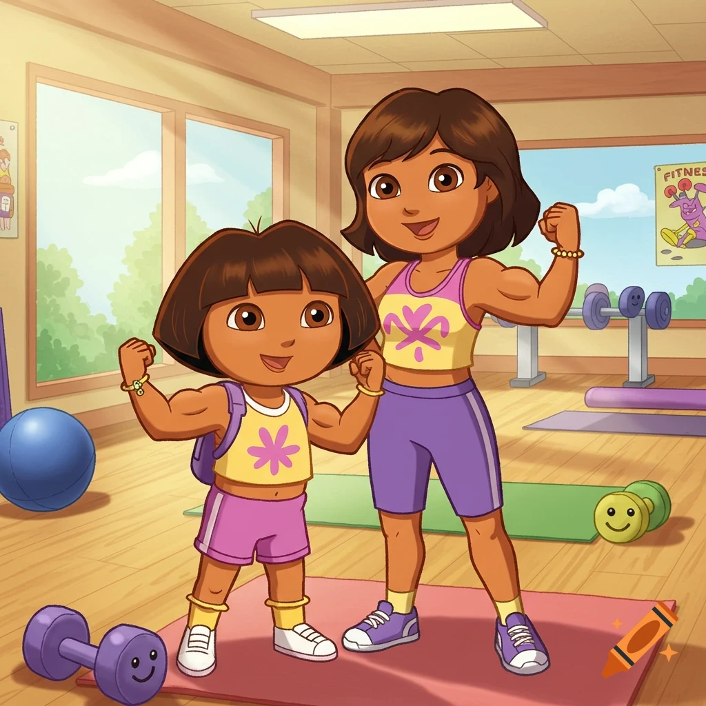 Dora the Explorer and her muscular aunt flexing with dumbbells in a ...