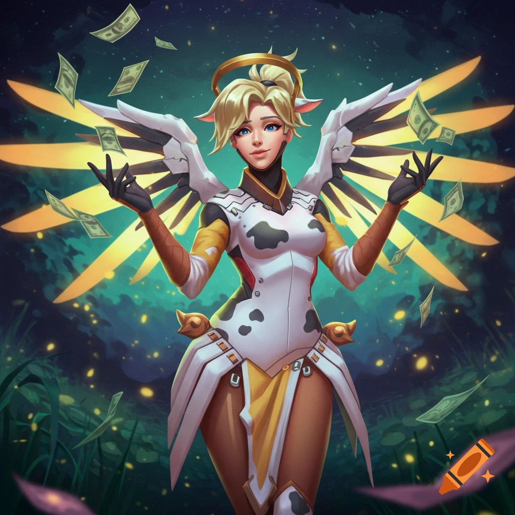 A blonde woman, Mercy from Overwatch, wearing a white cow-pattern ...