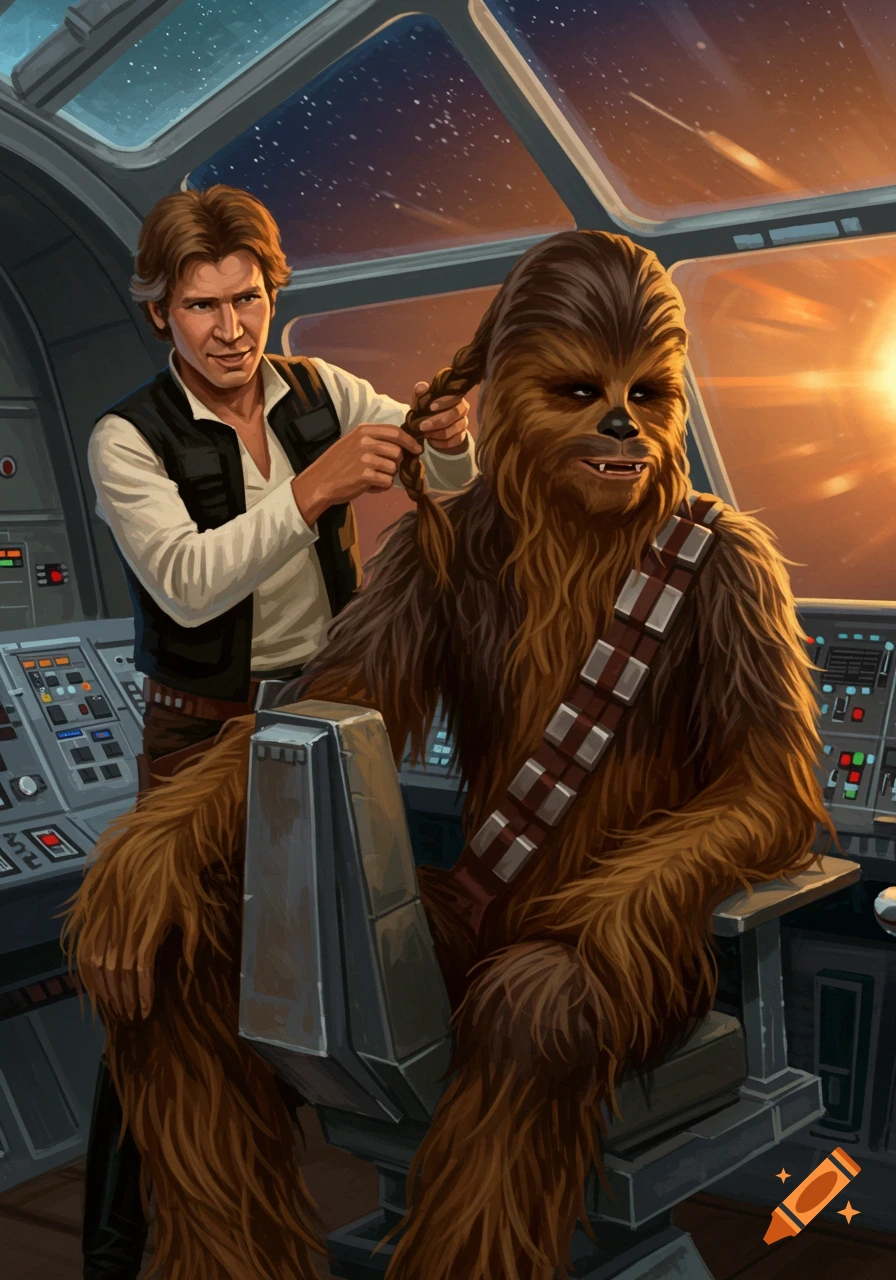 Han Solo braids Chewbacca's hair in the Millennium Falcon cockpit ...