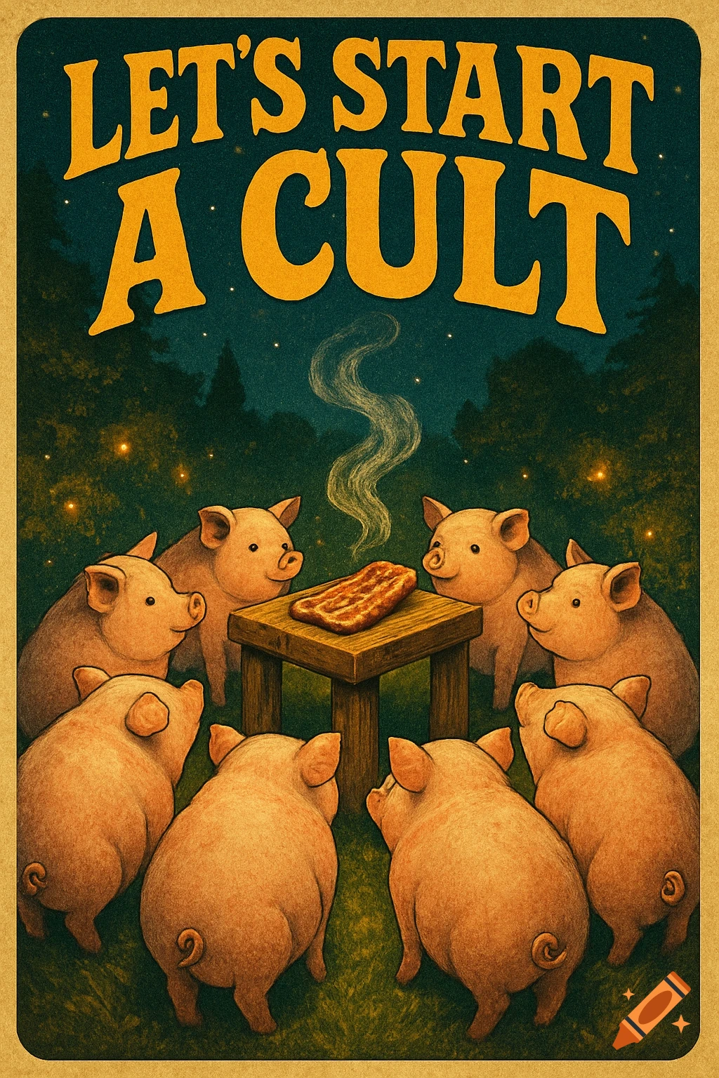 Retro poster with 'LET'S START A CULT' text above pigs gathered around ...
