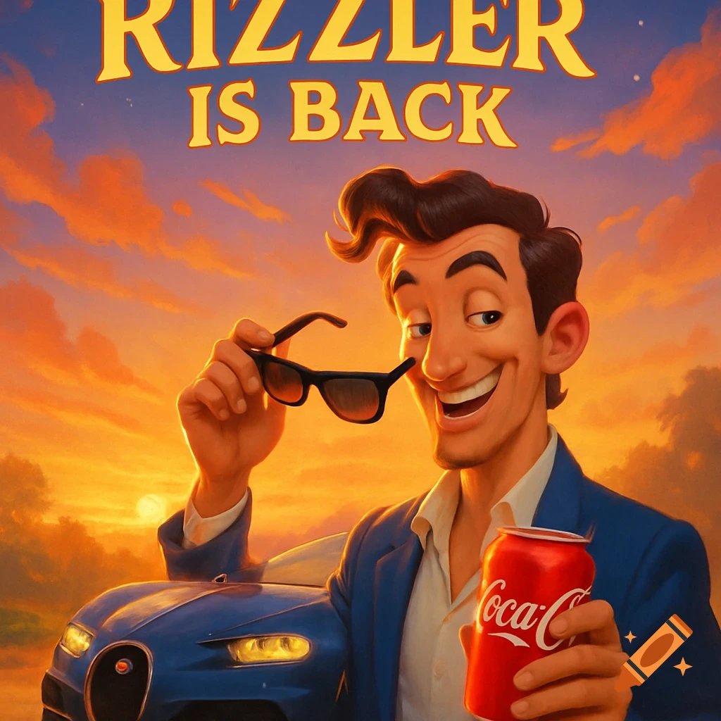 Cartoon man holding sunglasses and a Coca-Cola can in front of a blue ...