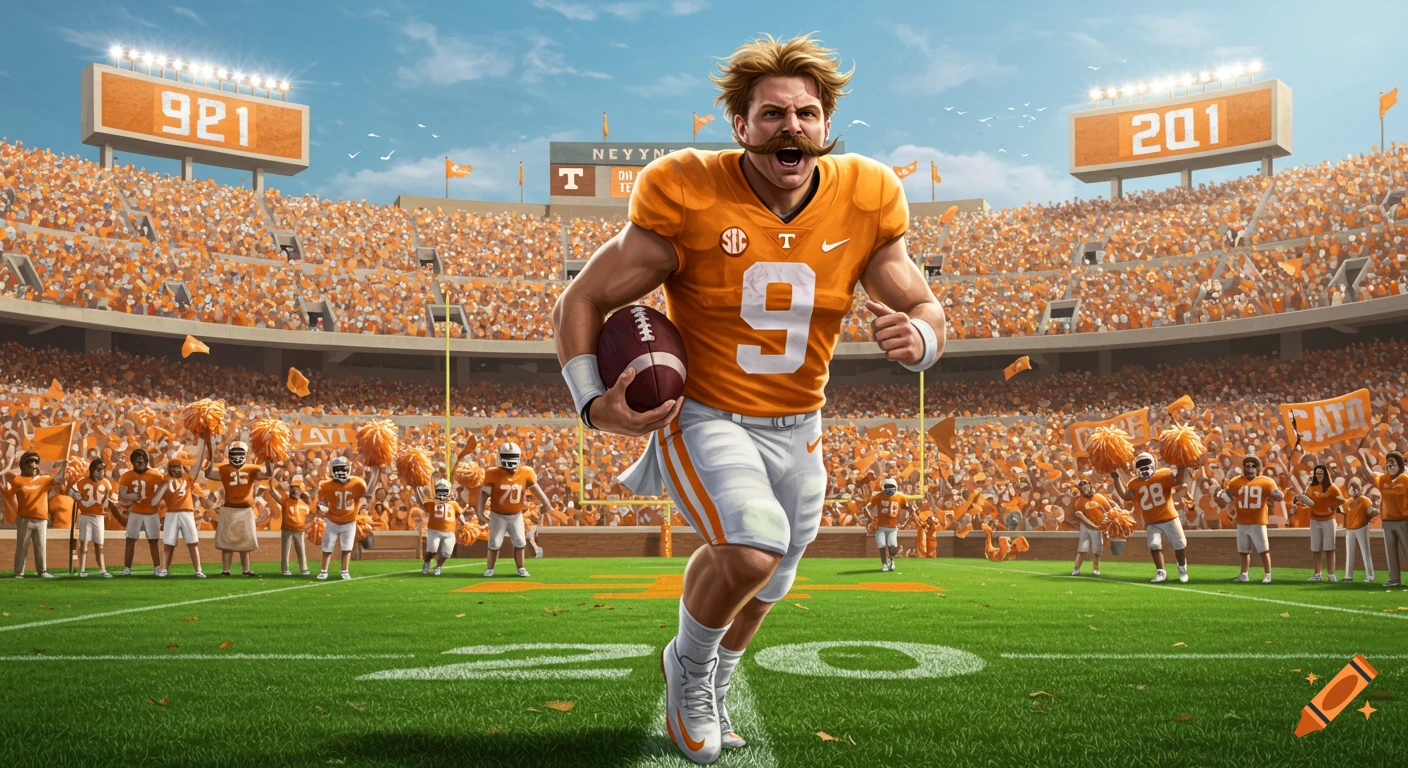 A cartoonish illustration of a muscular football player with a mustache ...