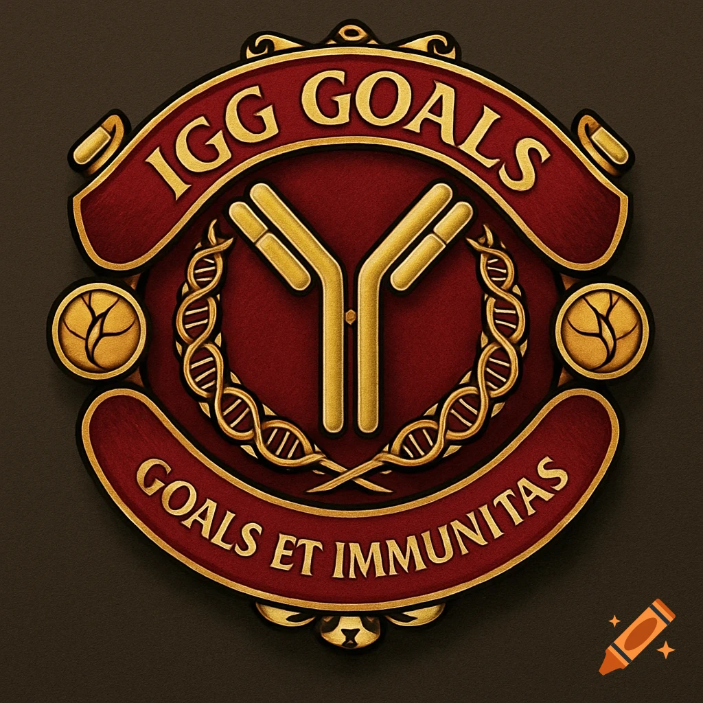 A red and gold shield-shaped badge with a Y-shaped antibody, DNA helix ...