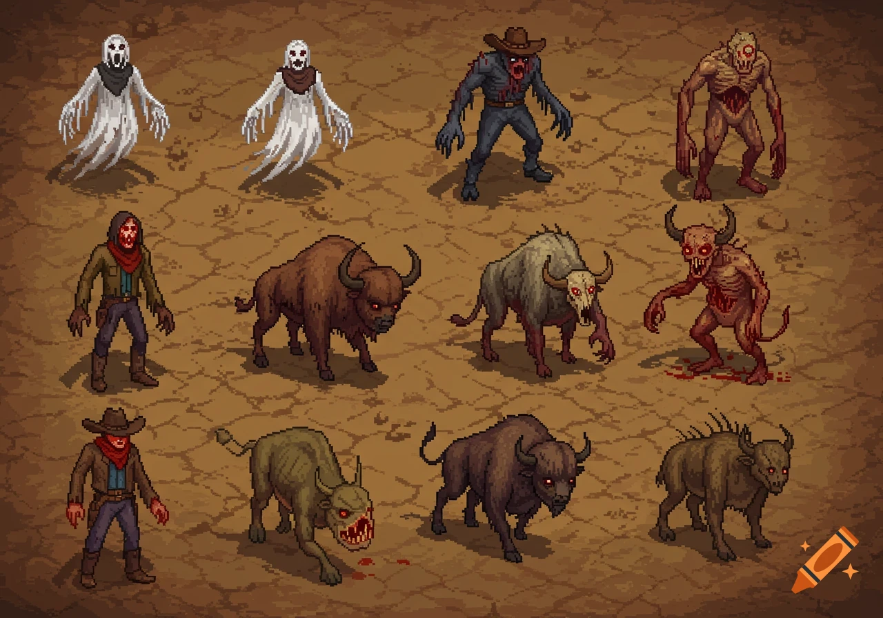A grid of top-down pixel art monsters including ghosts, zombie cowboys ...