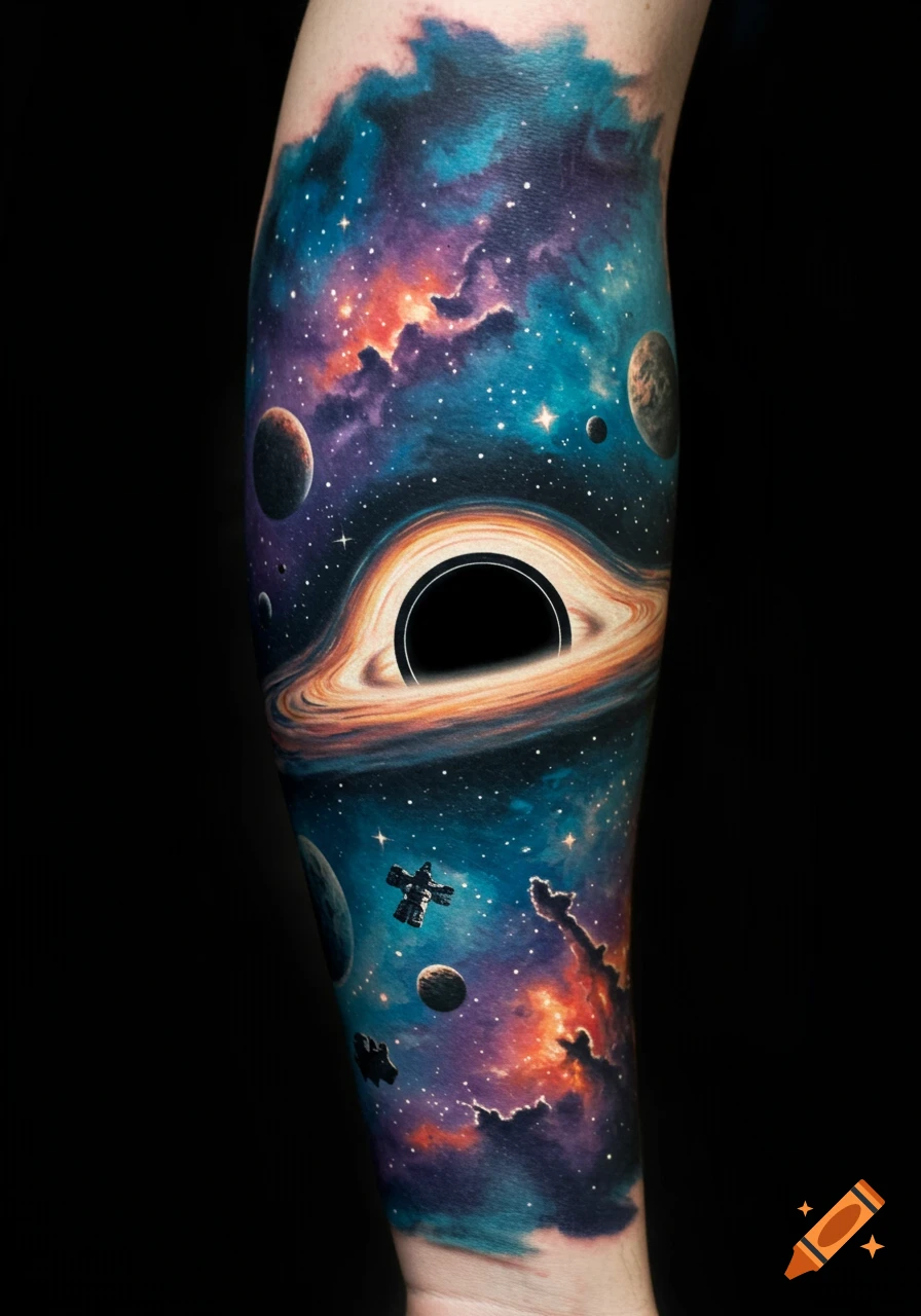 Full sleeve arm tattoos depicting a vibrant outer space scene with planets, nebulae, stars, a ...