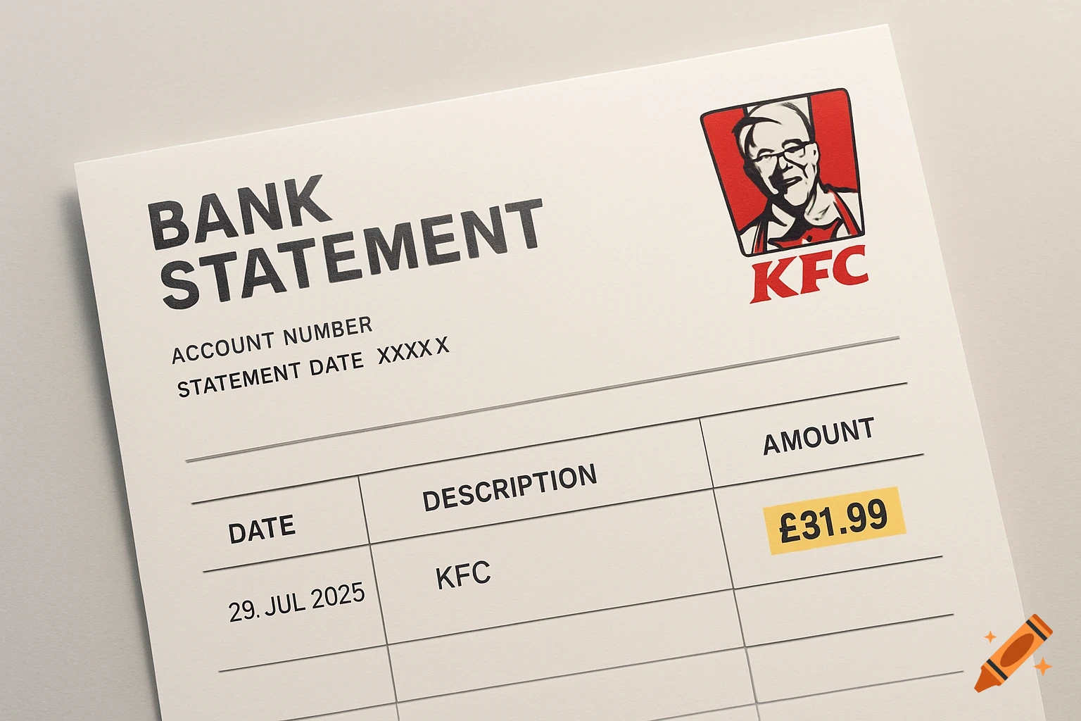 A close-up, photorealistic image of a bank statement showing a KFC ...