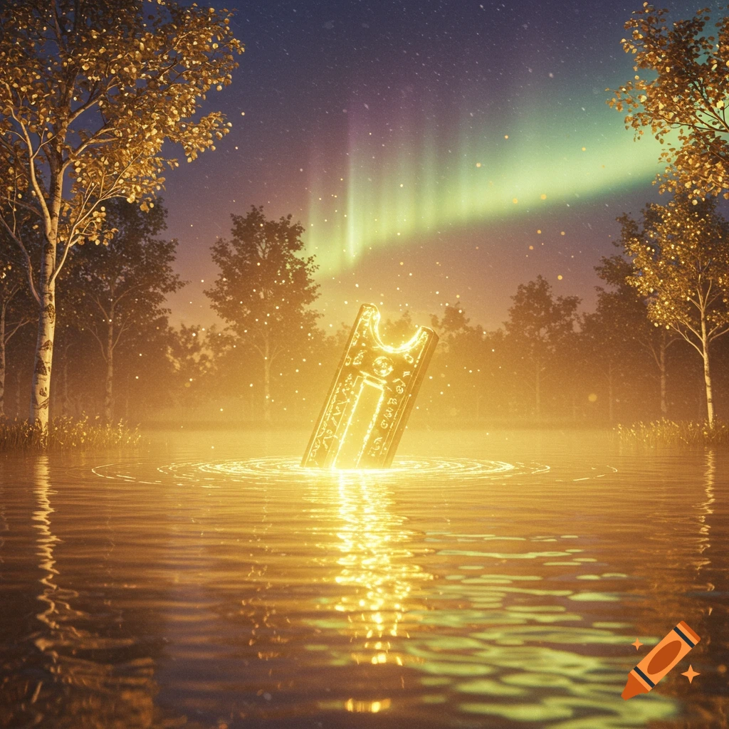 A glowing, rectangular artifact rises from a golden lake at night ...