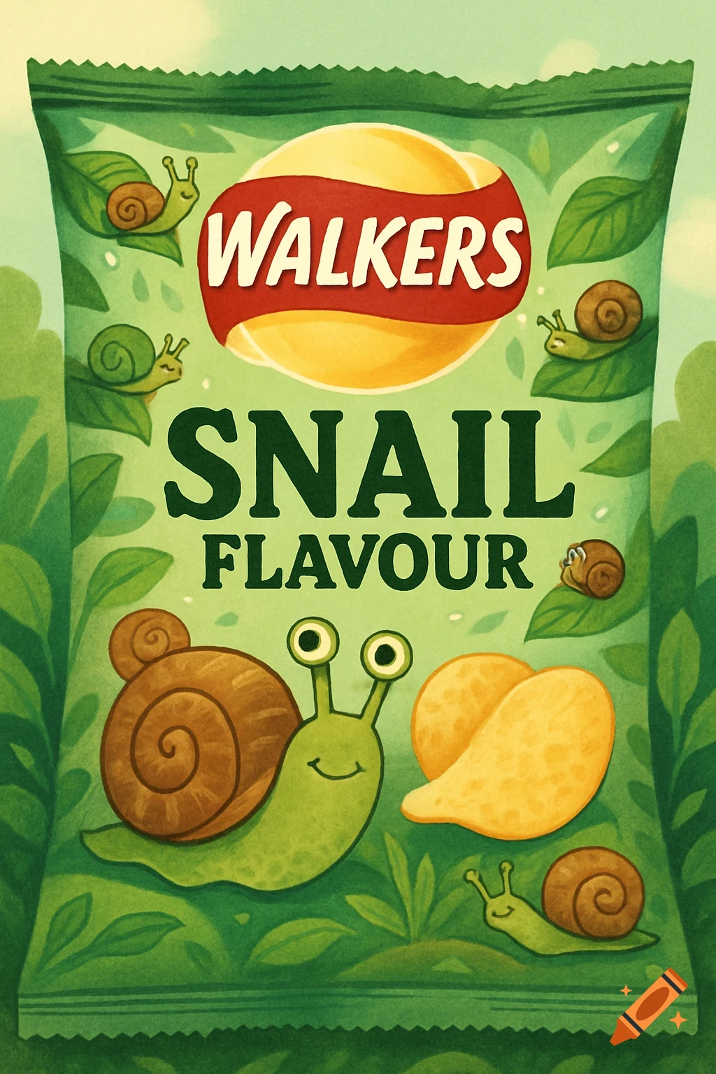 Cartoon illustration of a green Walkers crisps packet with 'SNAIL ...