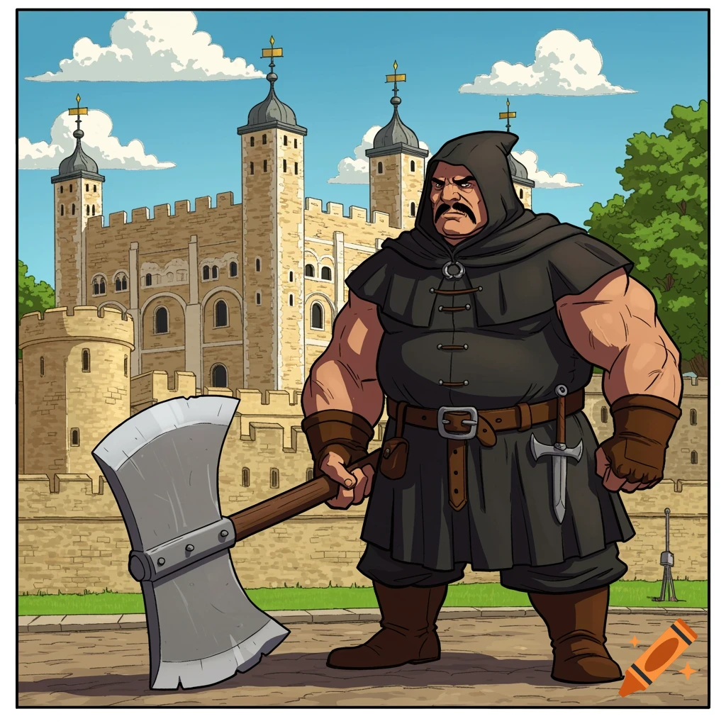 A muscular cartoon executioner in a dark hood holds a large axe in ...