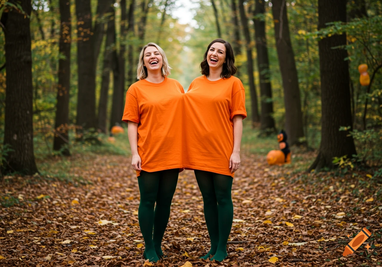Two laughing women in a shared orange t-shirt and green tights as a ...