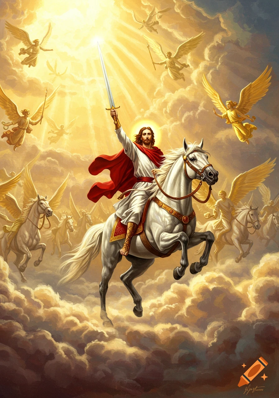 Jesus on a white horse, with a raised sword, rides through golden clouds, surrounded by angels ...