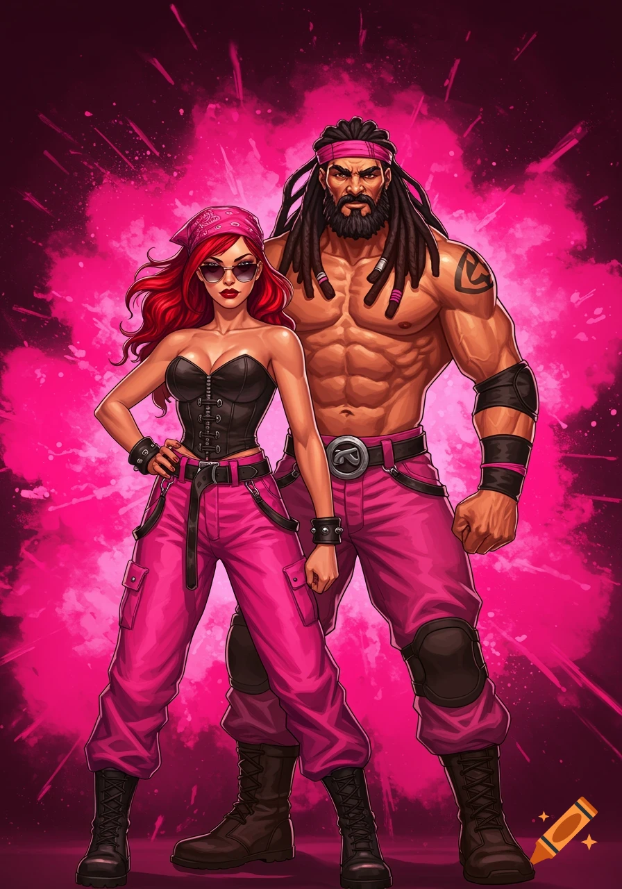 Stylized art of a strong man with dreadlocks and a woman with red hair ...