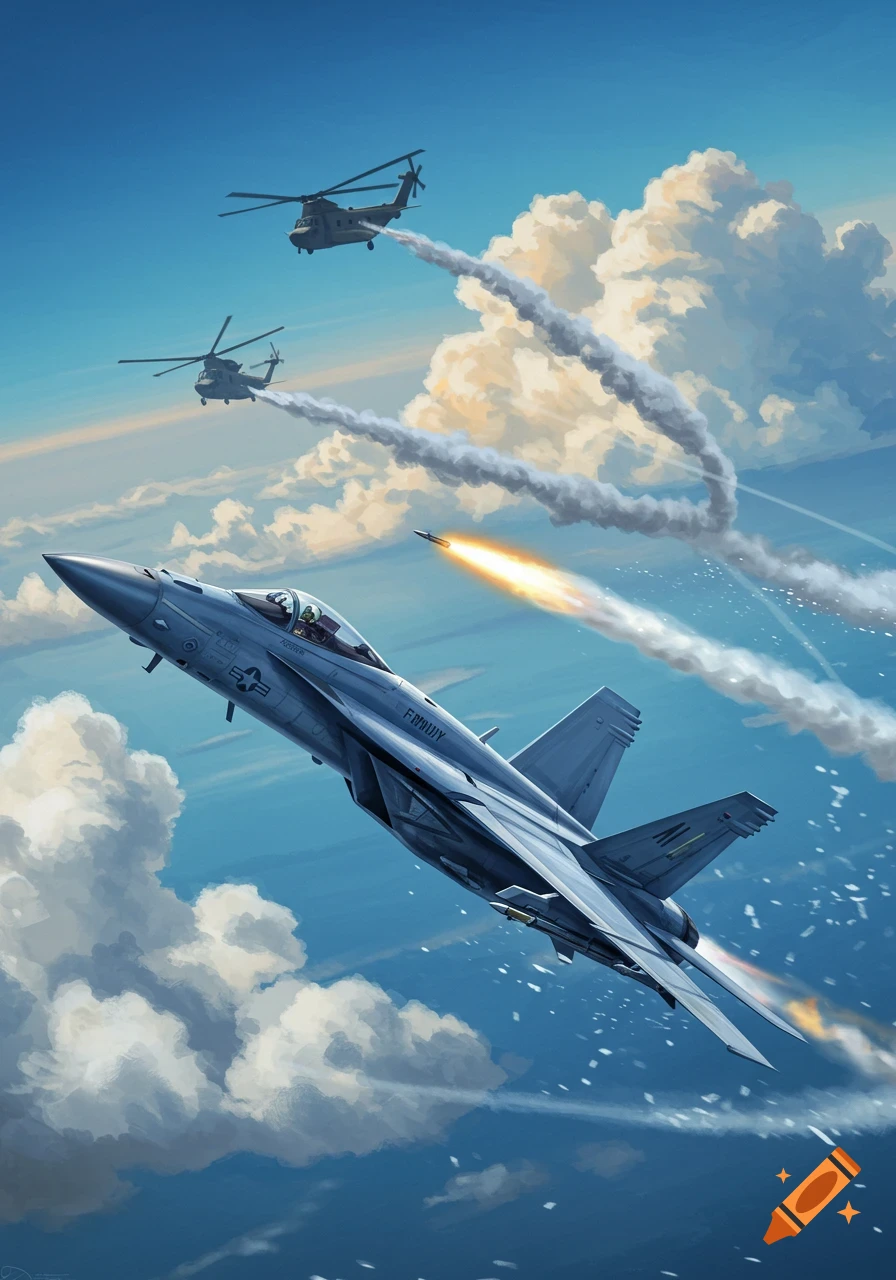 A grey fighter jet launches a missile towards a helicopter in a blue ...