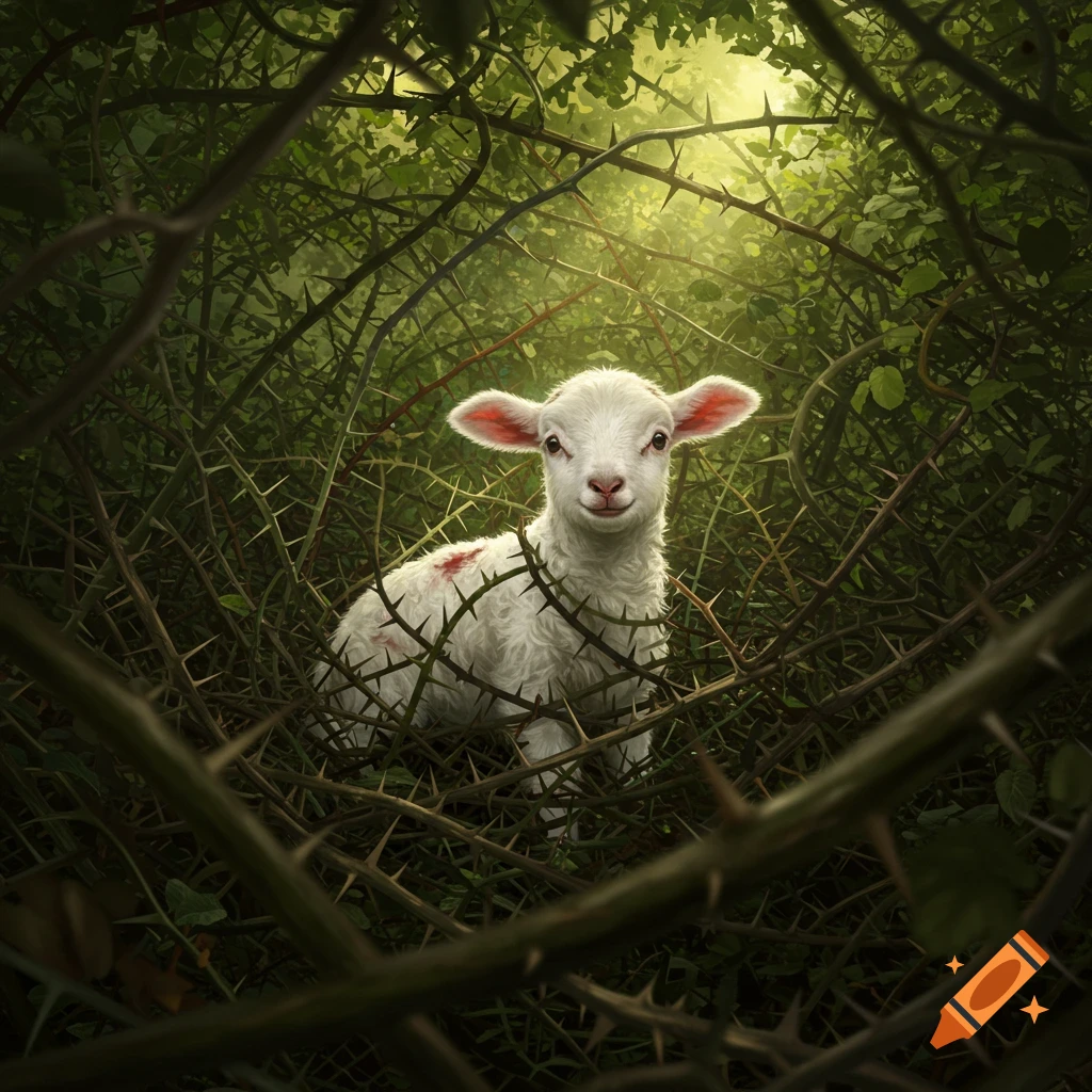 A cute white lamb, with faint red marks, sits amidst a dense tangle of ...