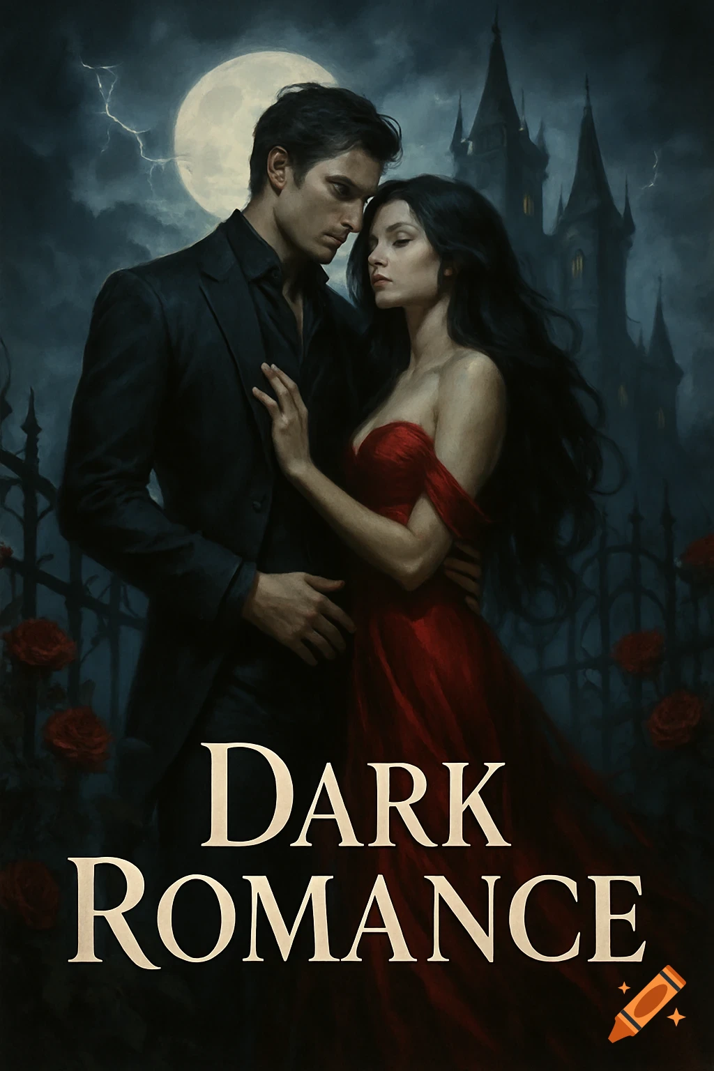 A dark romantic painting of a man and woman embracing under a full moon with a gothic castle ...