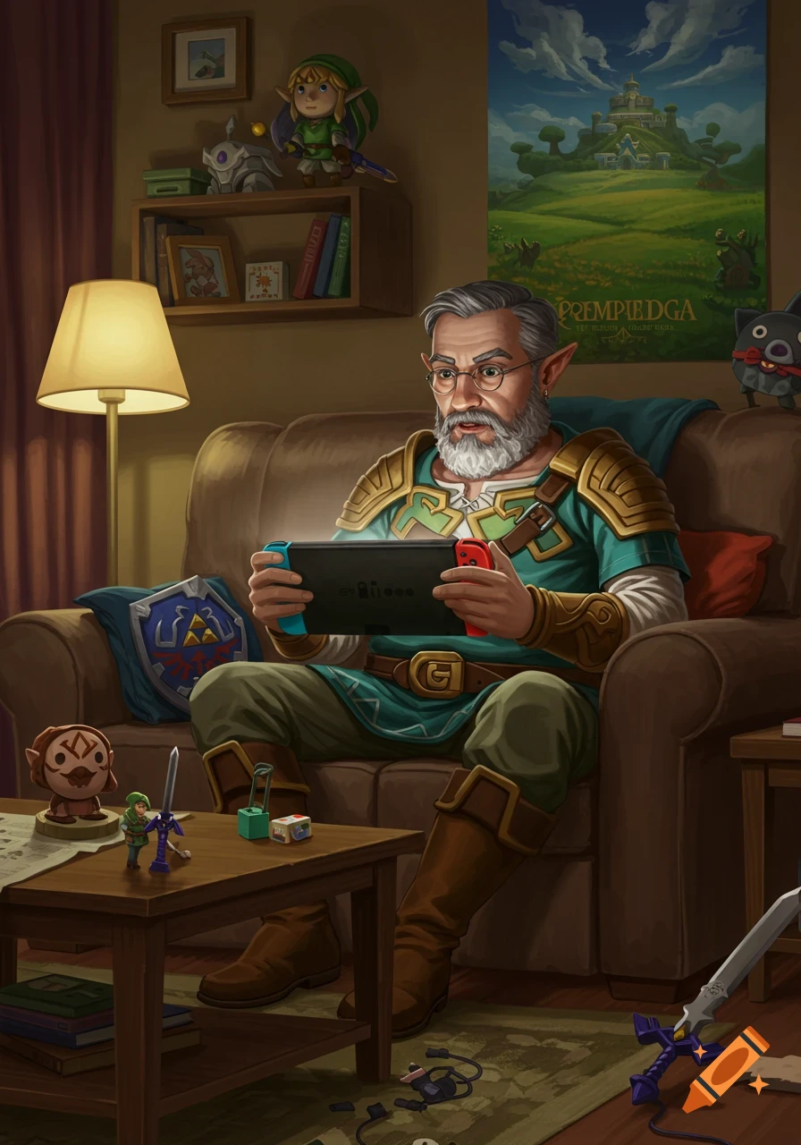 A bearded man with elf ears wearing a Link costume plays a Nintendo ...