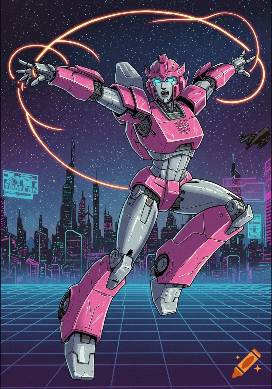 A pink and grey robot, Elita One, in a dynamic pose over a futuristic ...