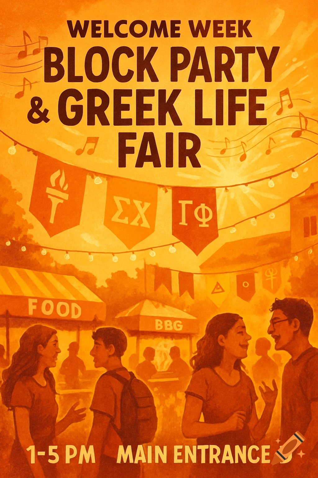 Orange poster for a Welcome Week Block Party & Greek Life Fair, showing ...