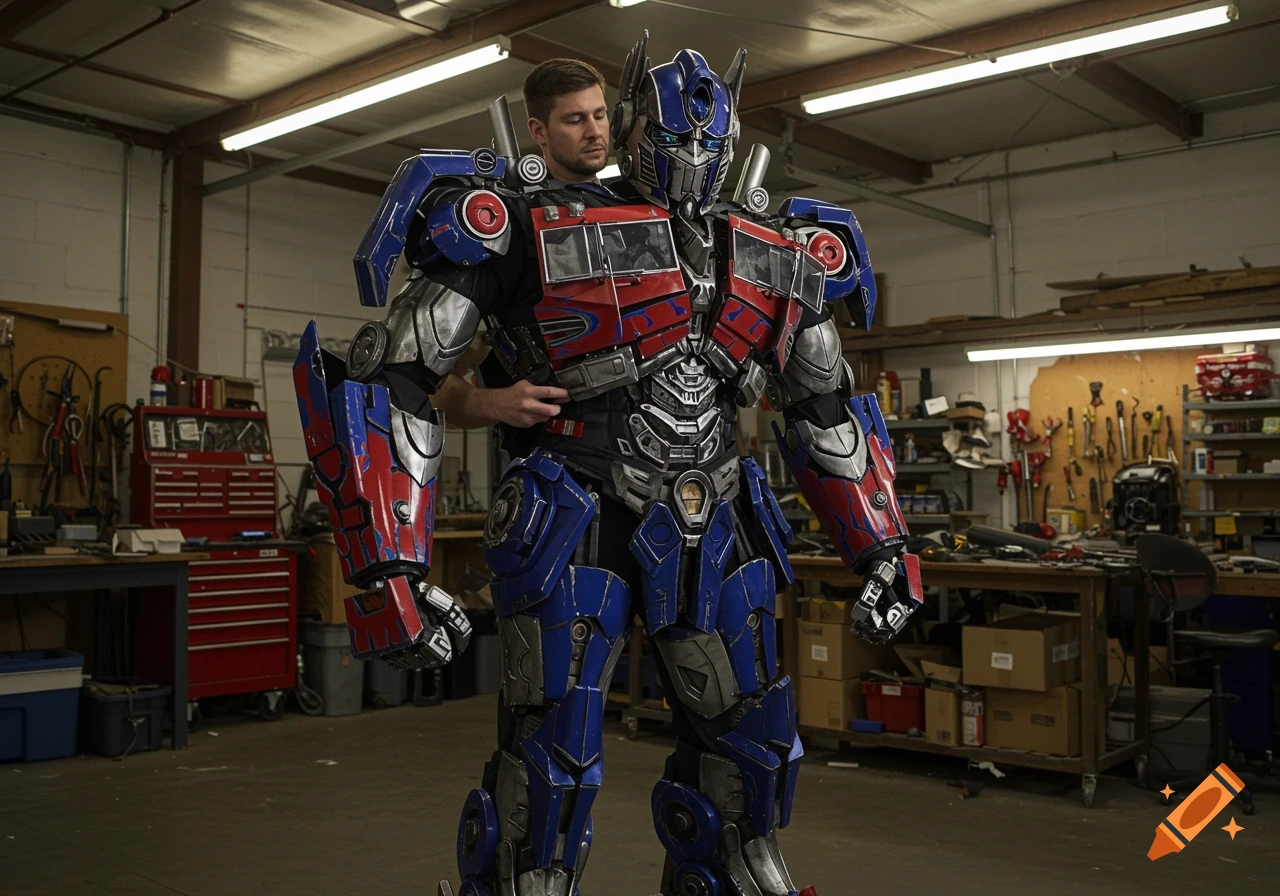 A man is putting on a large, detailed Optimus Prime costume in a ...