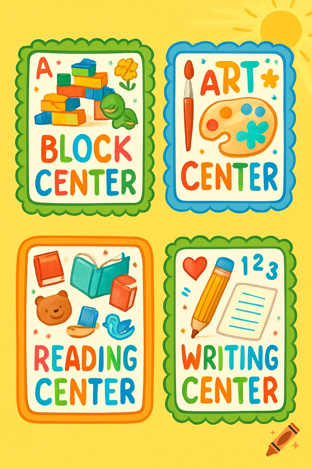 Four whimsical illustrated labels for preschool classroom centers ...