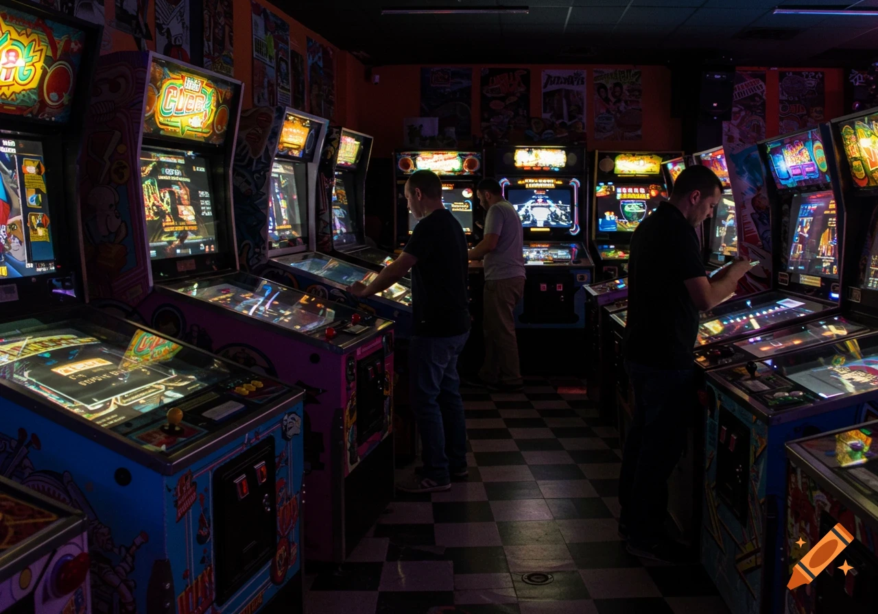 People play various arcade and pinball machines in a dimly lit game room with a checkered floor ...