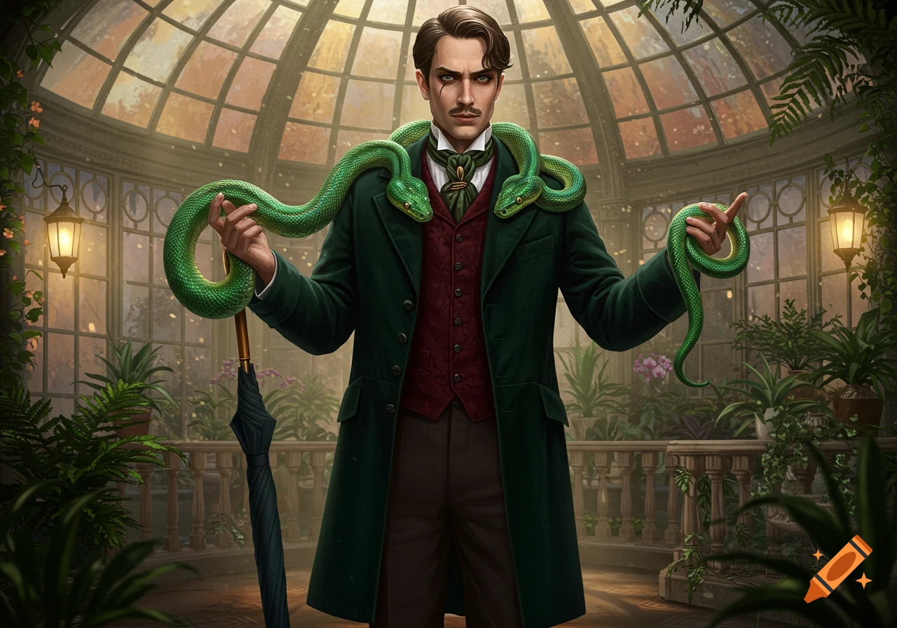 A dandy in a green coat and red vest holds an umbrella, with two green ...