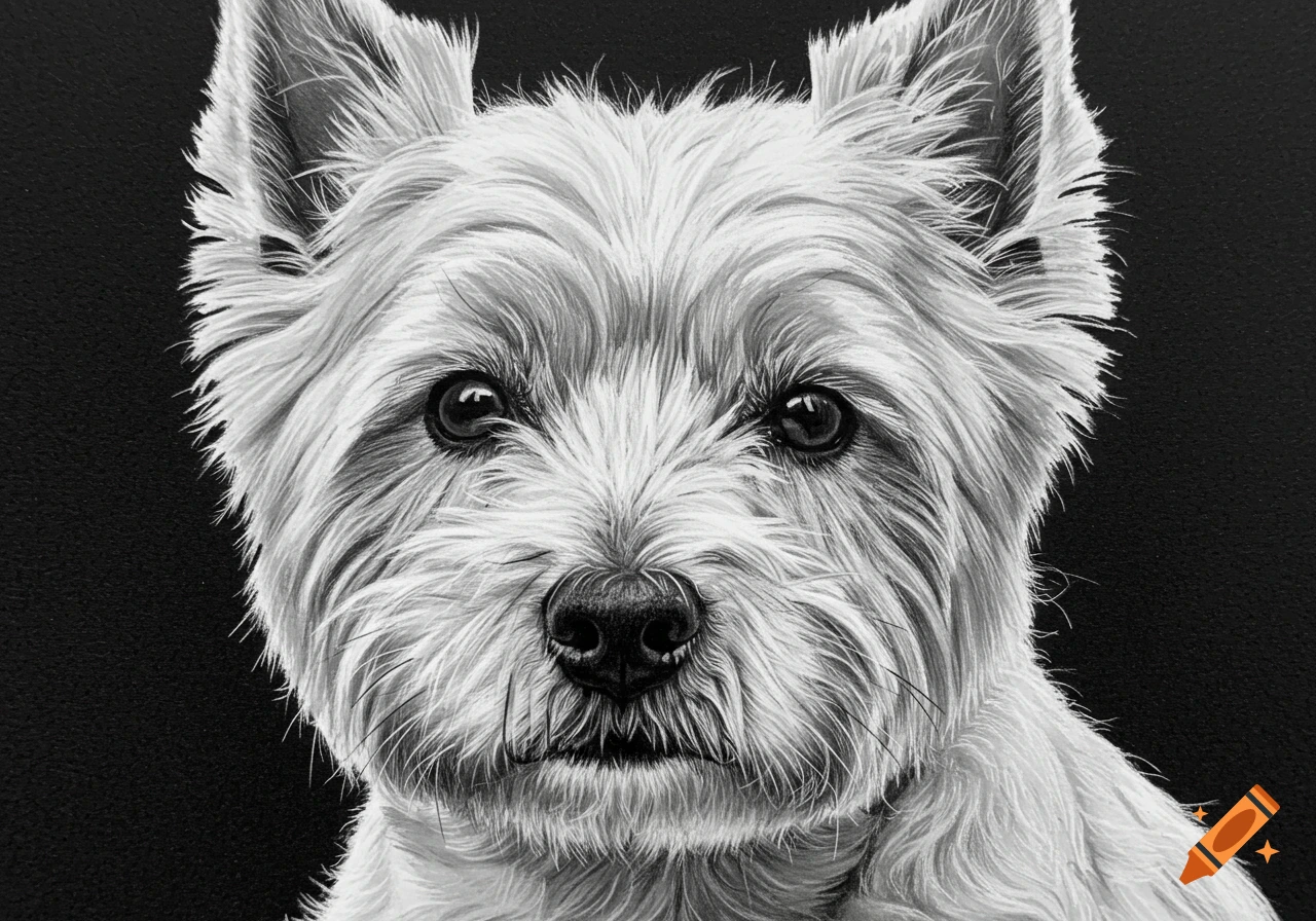 Close-up black and white sketch of a West Highland White Terrier's face ...