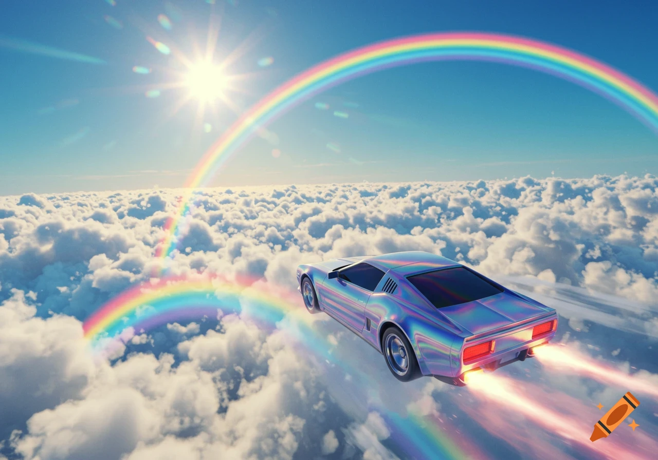 An iridescent car flies above white clouds under a bright sun and ...