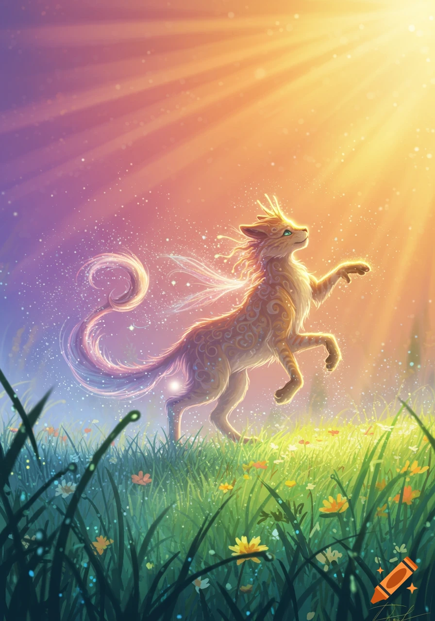 A magical golden cat-like creature with glowing fur and wispy wings ...