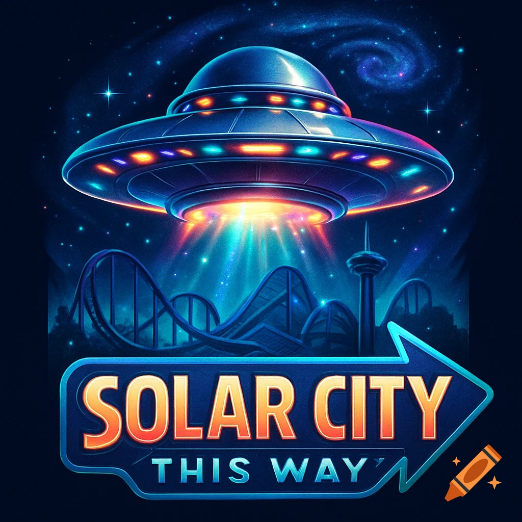A vibrant illustration of a UFO hovering over a futuristic theme park ...