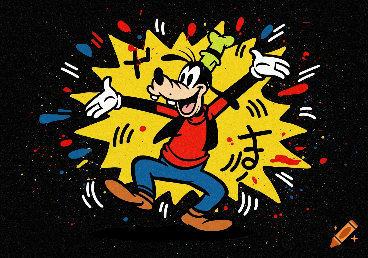 Goofy in a dynamic, pop art style, against a yellow starburst and ...