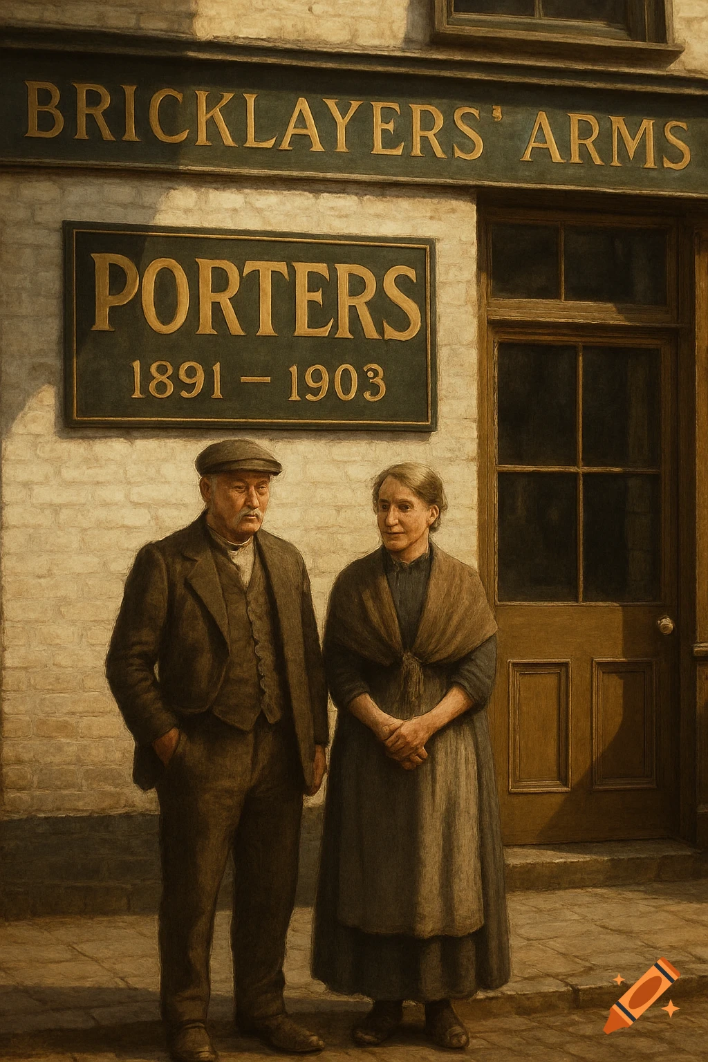 A somber 1890s working-class couple stands outside a pub with signs ...