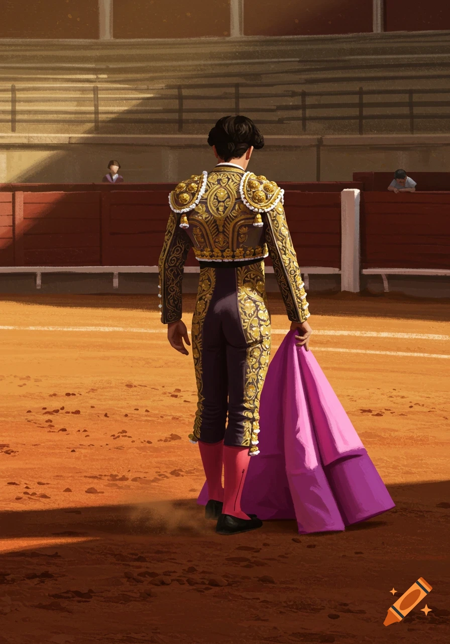 Illustration of a Spanish bullfighter from behind, holding a pink cape ...