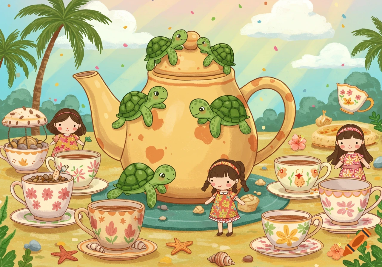 A whimsical cartoon tropical tea party with cute girls, green turtles ...