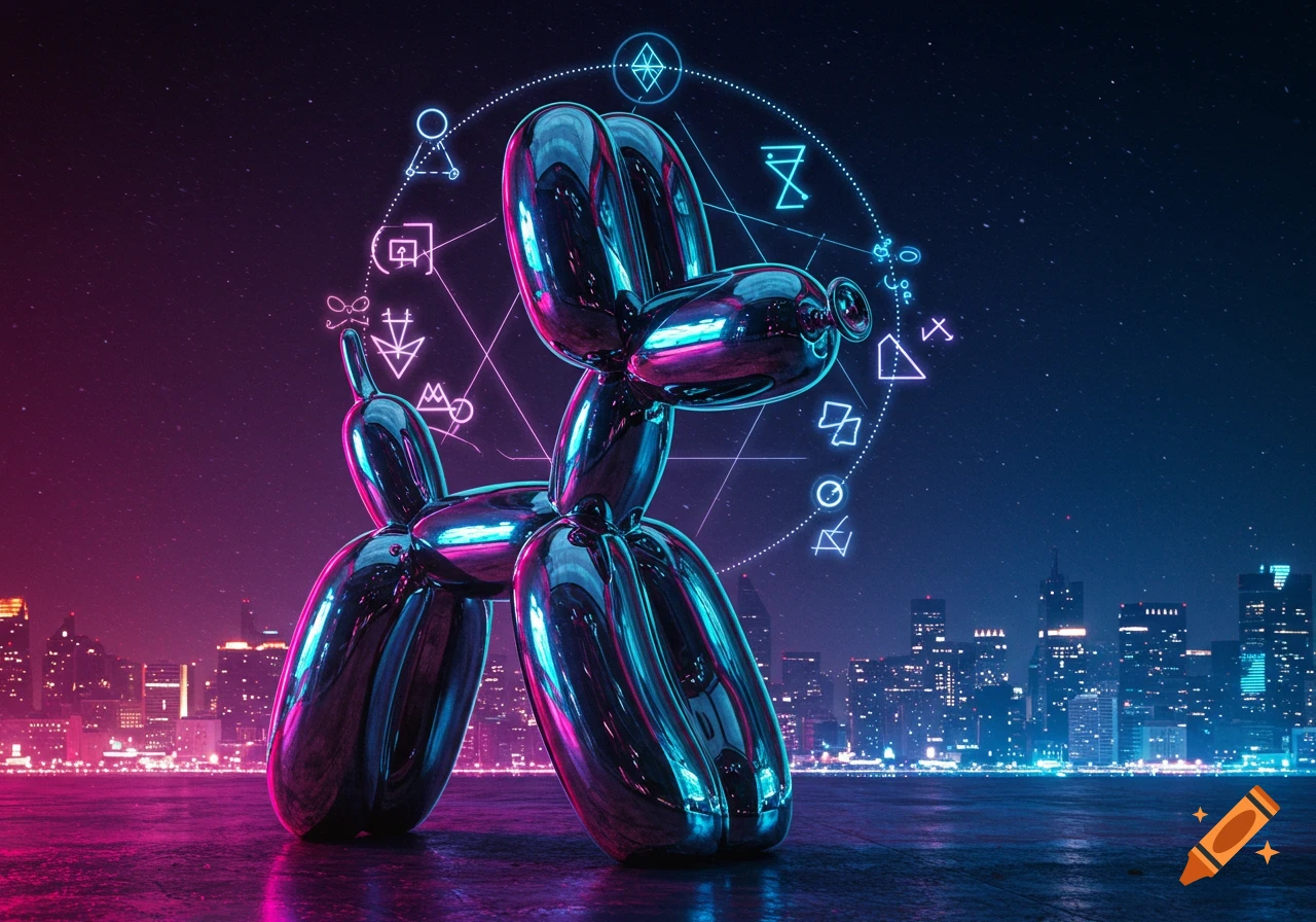 A shiny metallic balloon dog sculpture bathed in vibrant pink and blue ...