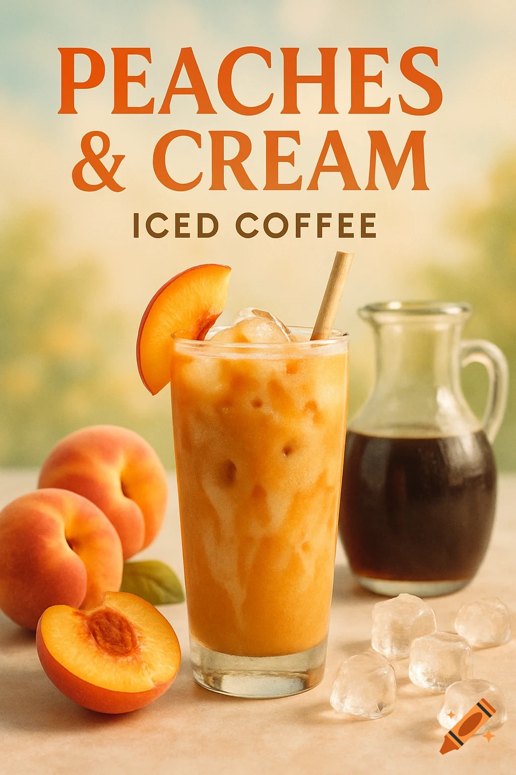 Photorealistic image of 'Peaches & Cream Iced Coffee' drink with fresh ...