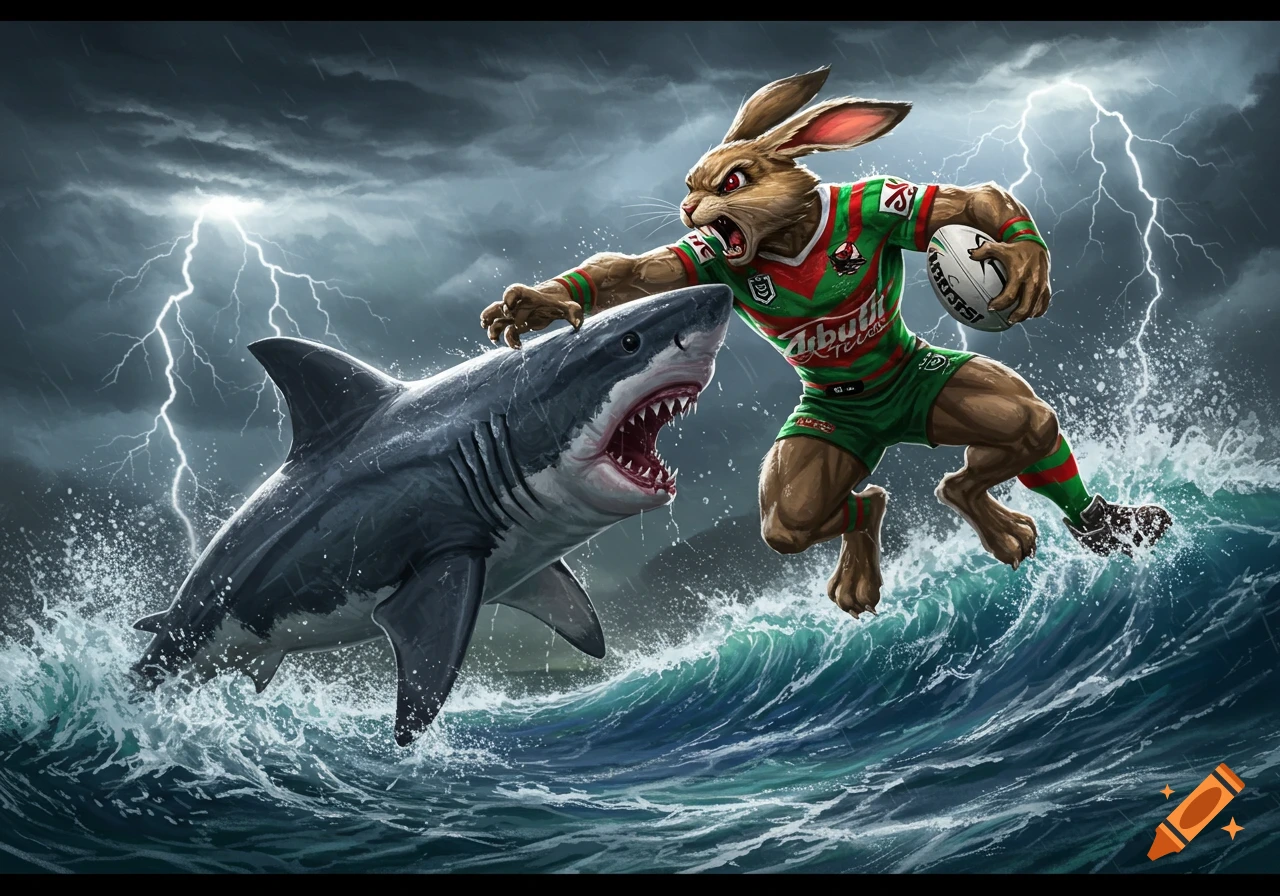 A muscular, angry rabbit mascot in a green and red rugby uniform holds ...