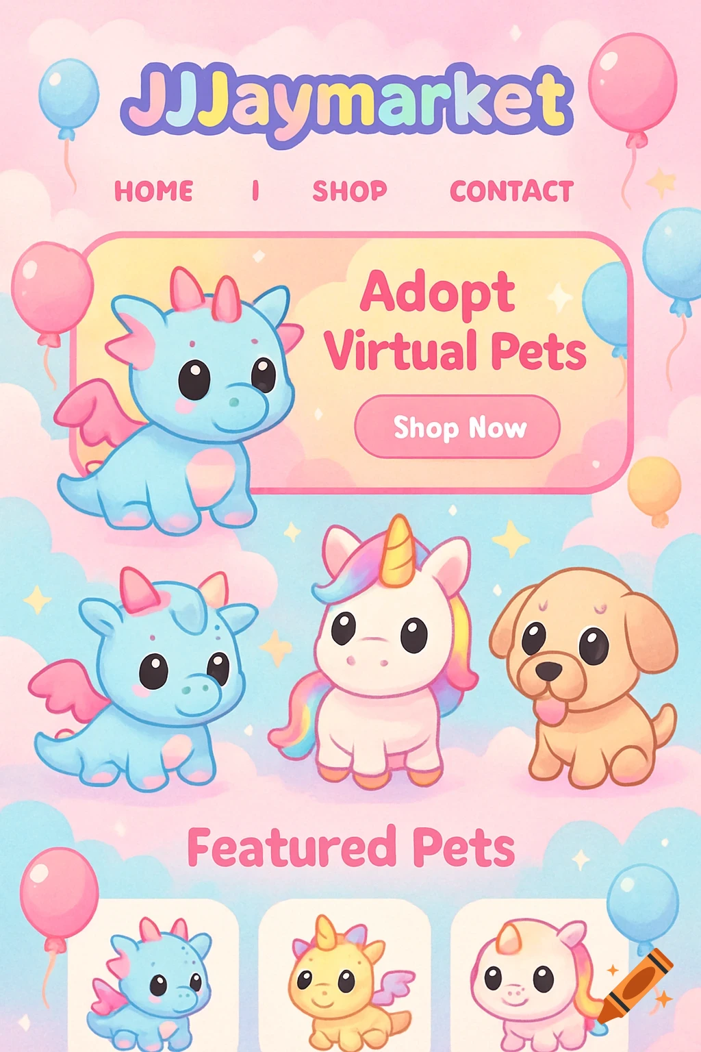 A cute and colorful e-commerce website design featuring cartoon dragons ...