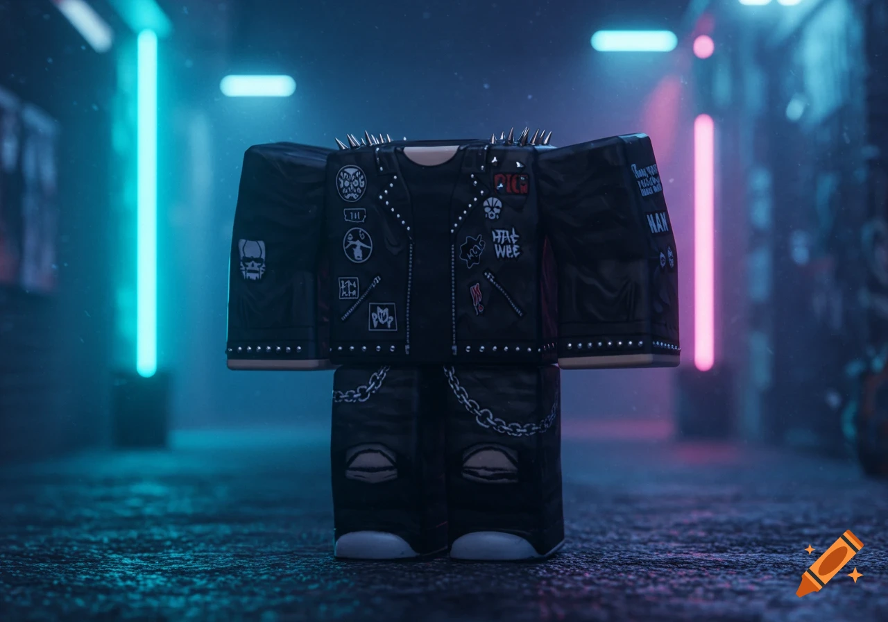 A headless Roblox character wearing a black studded and patched leather ...