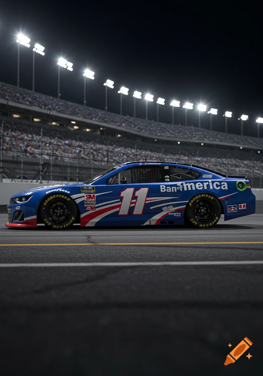 A blue, white, and red NASCAR stock car with the number 11 and 'Bank of ...