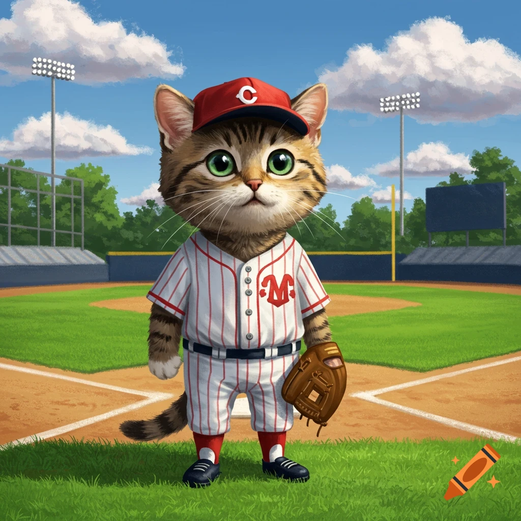 A cute tabby cat in a red and white baseball uniform with a glove stands on a baseball field. on ...