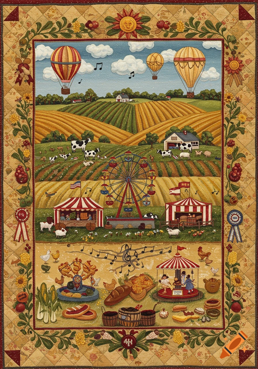 A colorful folk art quilt depicting a bustling country fair and farm ...