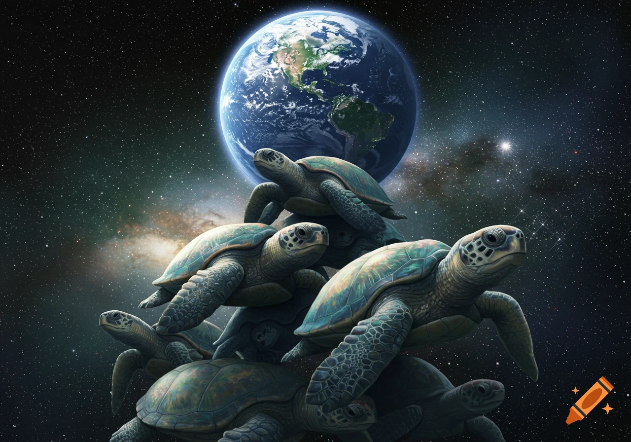 Photorealistic stack of turtles floating in space with the Earth ...