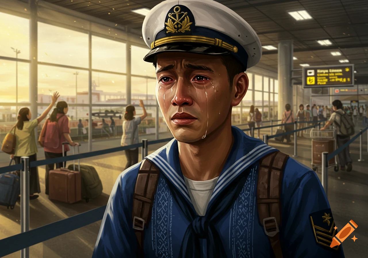 A crying man in a sailor's uniform stands in an airport, looking sad as ...