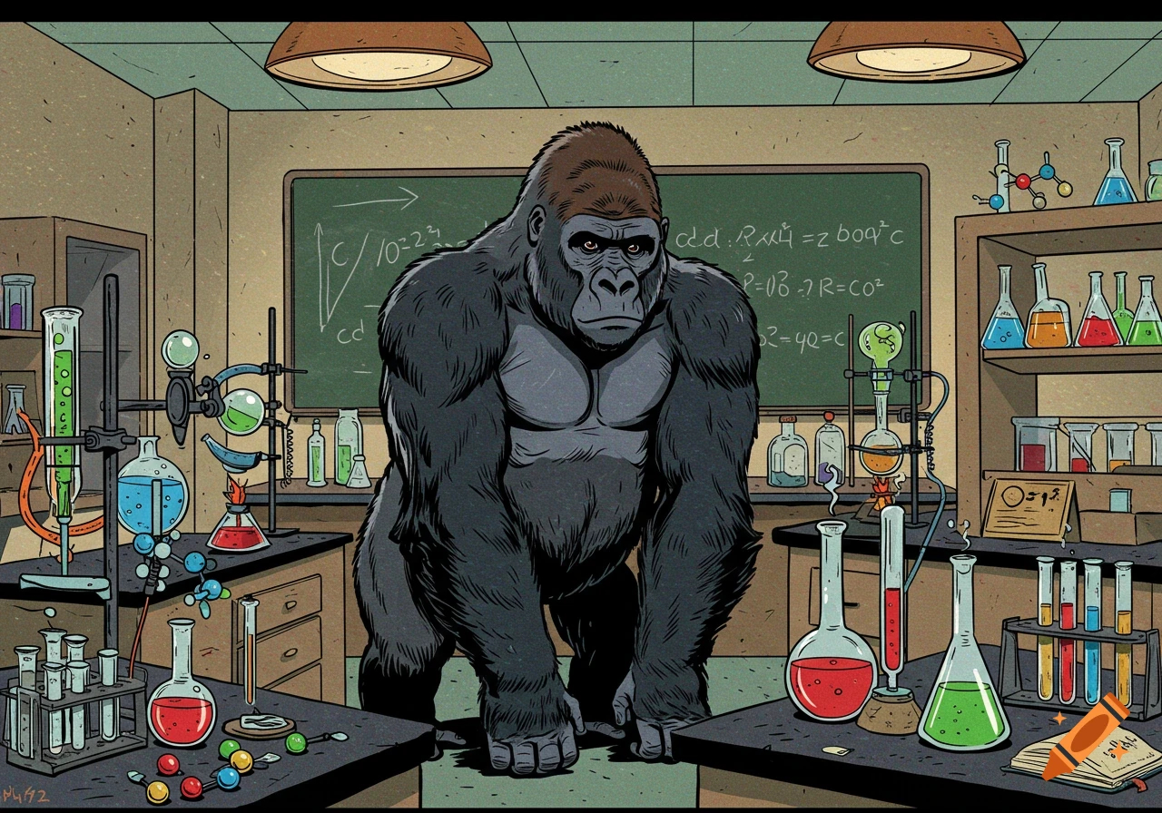 A silverback gorilla stands in a science lab with beakers and flasks ...