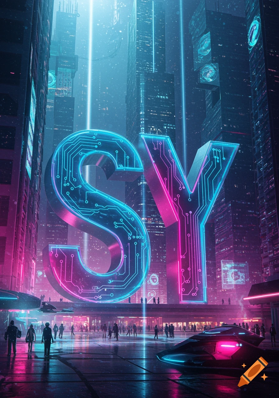 A futuristic cyberpunk city at night with a large, glowing orange neon ...