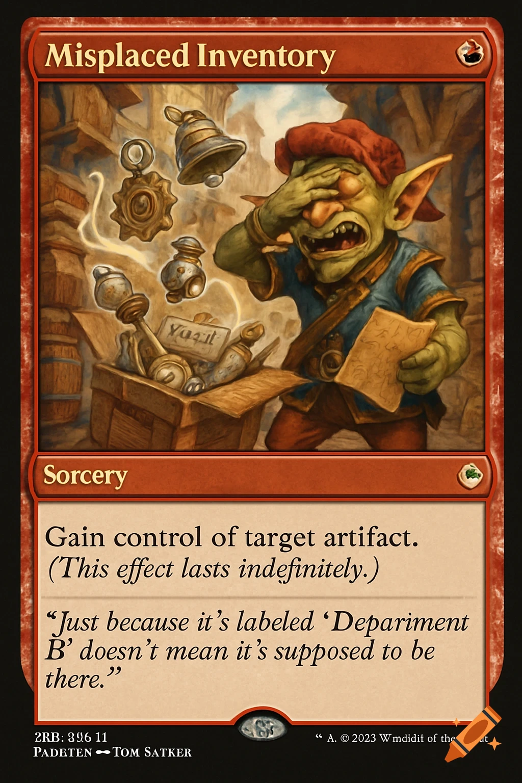 A Magic: The Gathering card, 'Misplaced Inventory,' depicting a green ...