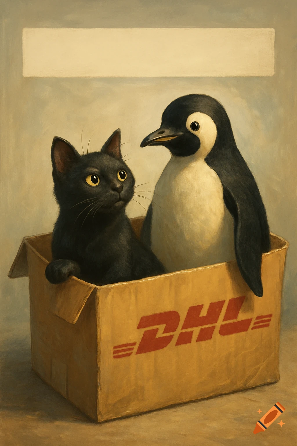 A black cat and a penguin sit in a DHL box, painted in a stylized ...